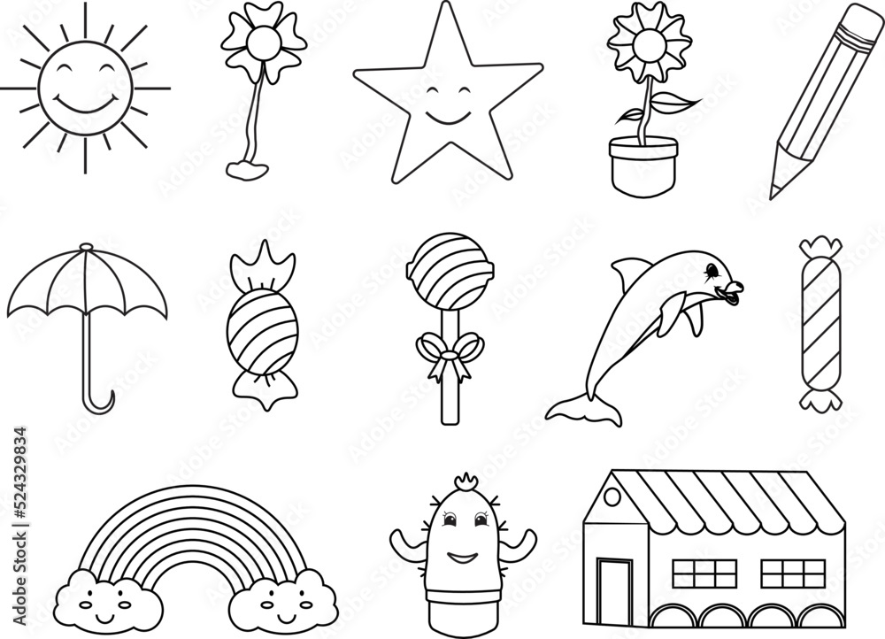 Cute things coloring page different isolated element on the white ...