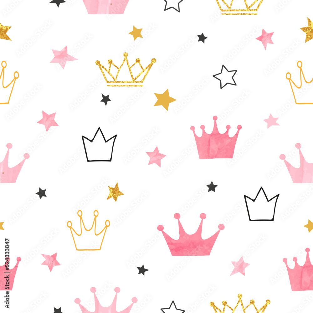 Little princess seamless pattern with pink crowns and stars. Stock ...