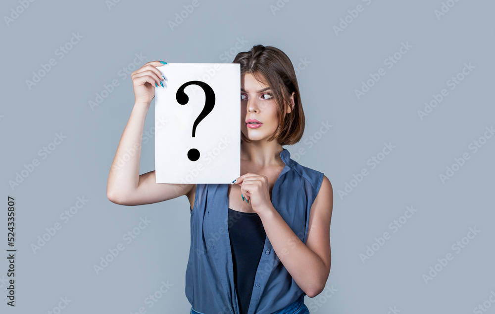 Woman with doubtful expression and question marks. Question mark ...