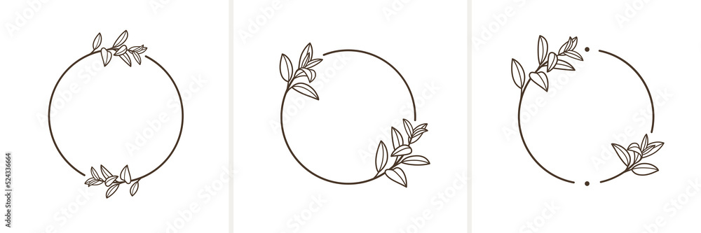 Round botanical frame element with mint branch. Simple contour vector ...
