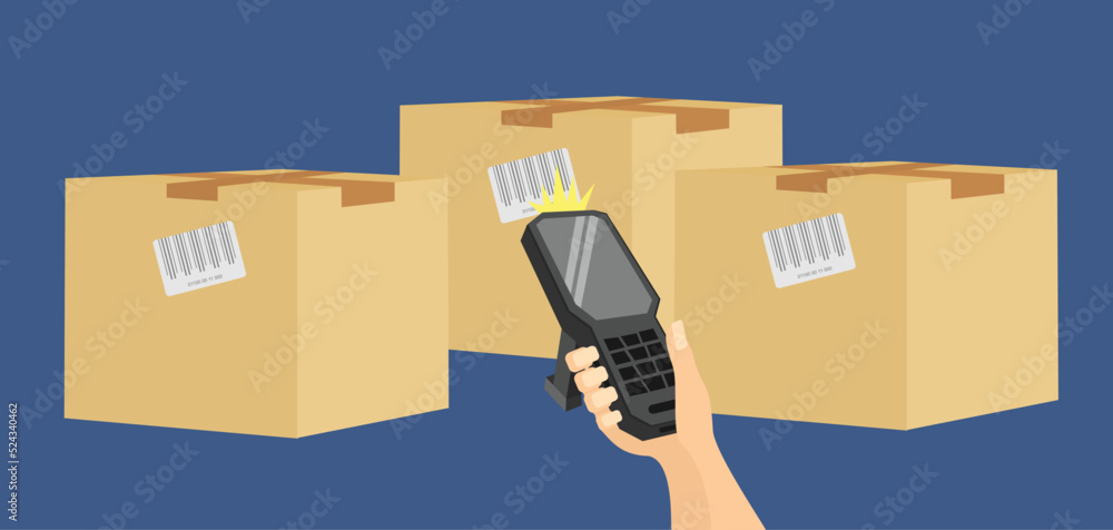 Handheld data collection terminal in hand scans barcodes on a box in a ...