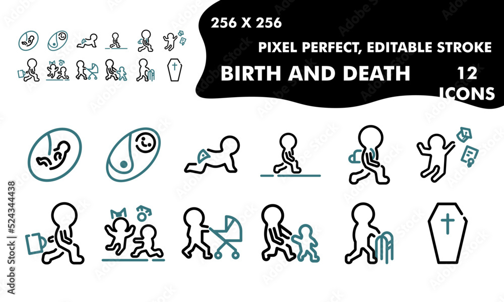 a collection of icons depicting a child, a man, an old man "birth and ...