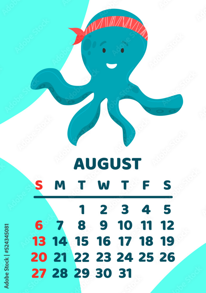 August 2023 calendar page. Vector cartoon illustration with cute ...