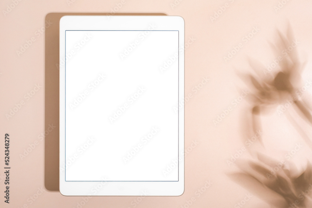 Blank screen tablet mock up and shadow on green pastel background. Copy space. Mock up template ...