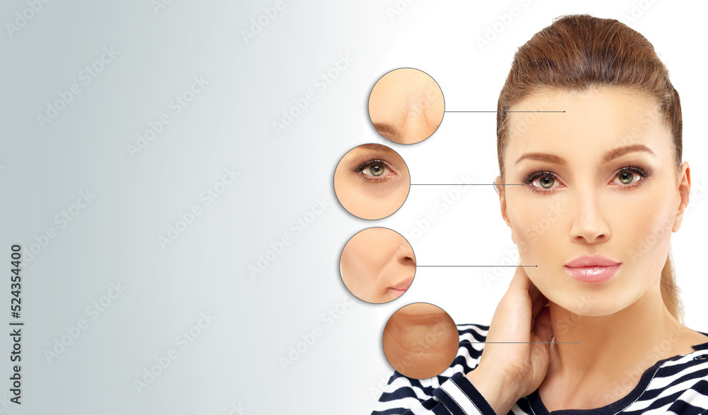 Aging. Mature woman-young woman.Face with skin problem.Showing photos ...