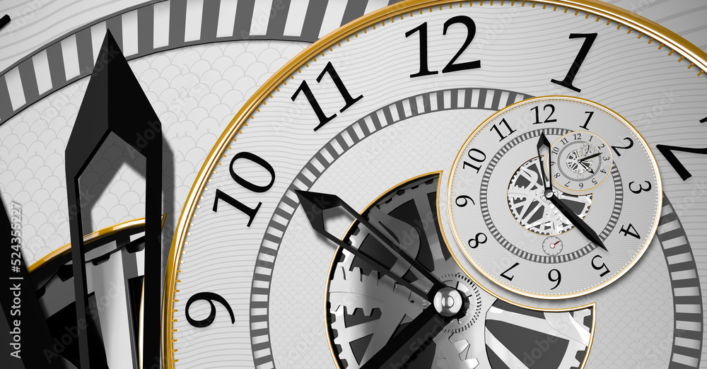 Surreal clock with exposed gears, white background with gray pattern ...