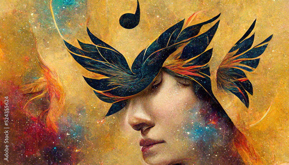 woman face of mystical being with music notes, symbol of the muse of ...