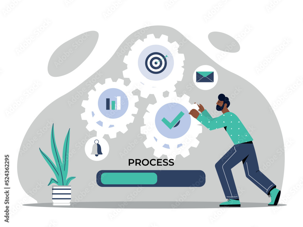 Business process concept. Man with big gears, metaphor for work of ...