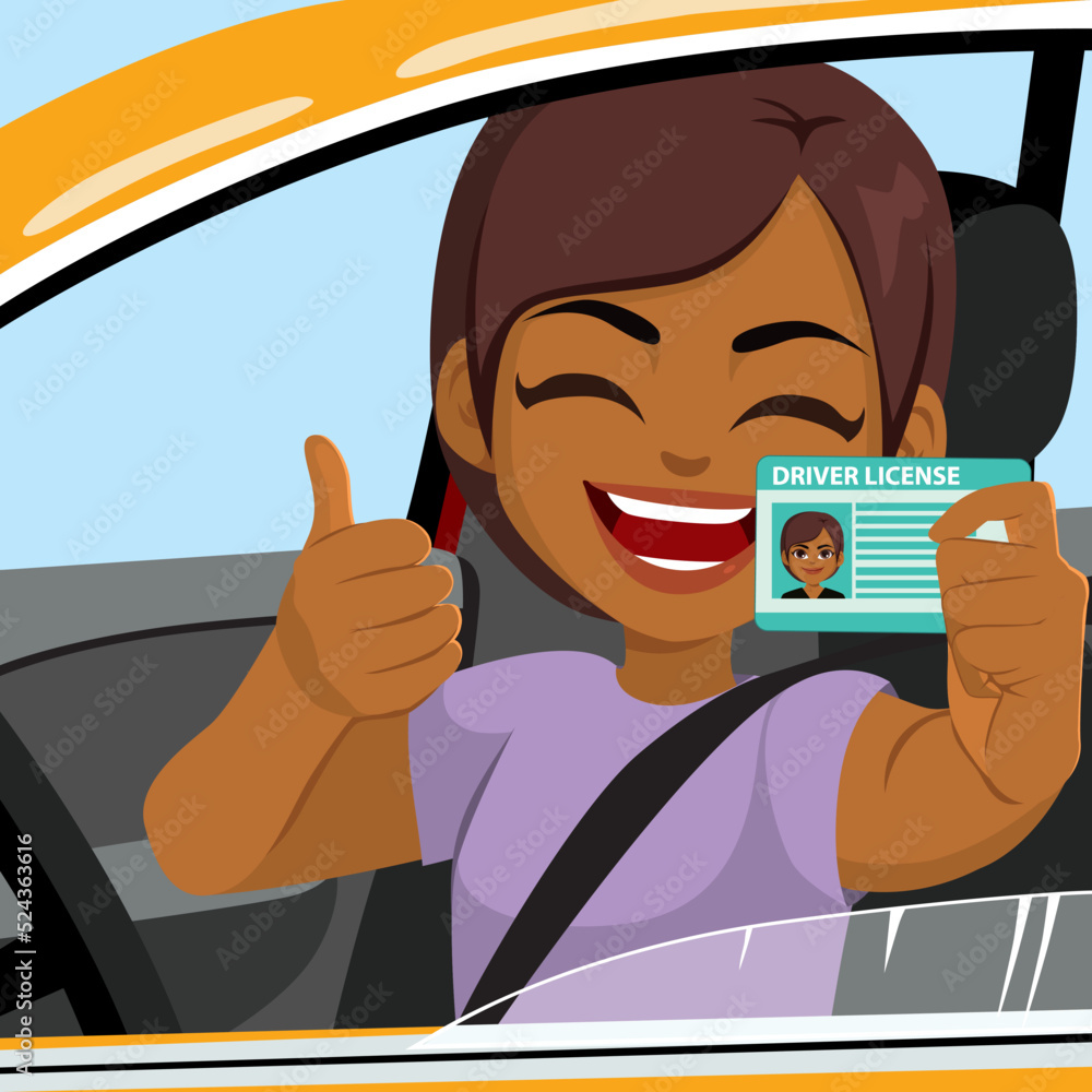 Smiling teenager girl holding up driving license on her first brand new ...