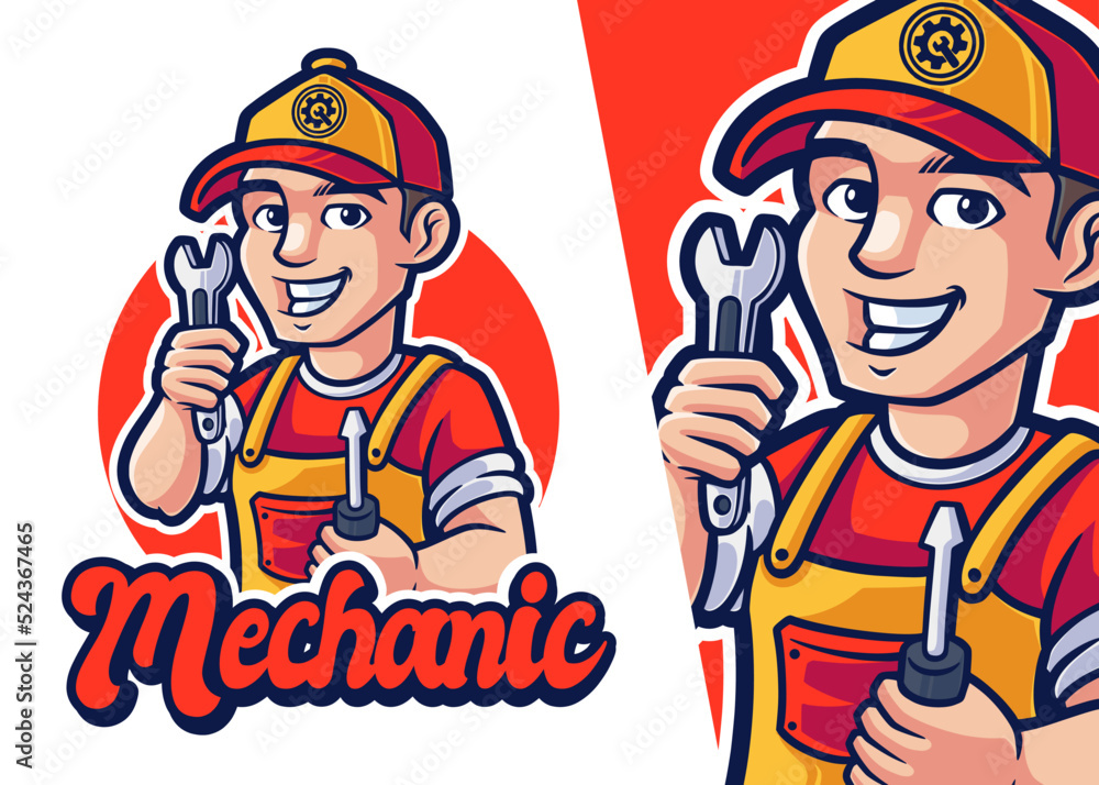Mechanic Mascot Cartoon Logo. Man Character Profession Logo Stock ...