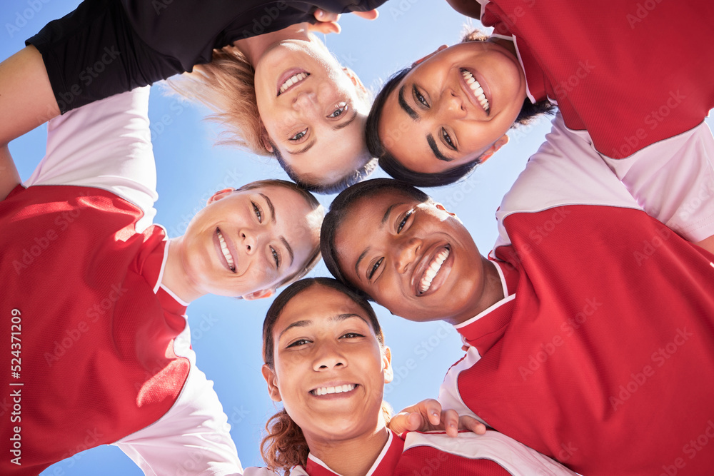 Female soccer team huddle bonding, smiling or motivated in circle with ...