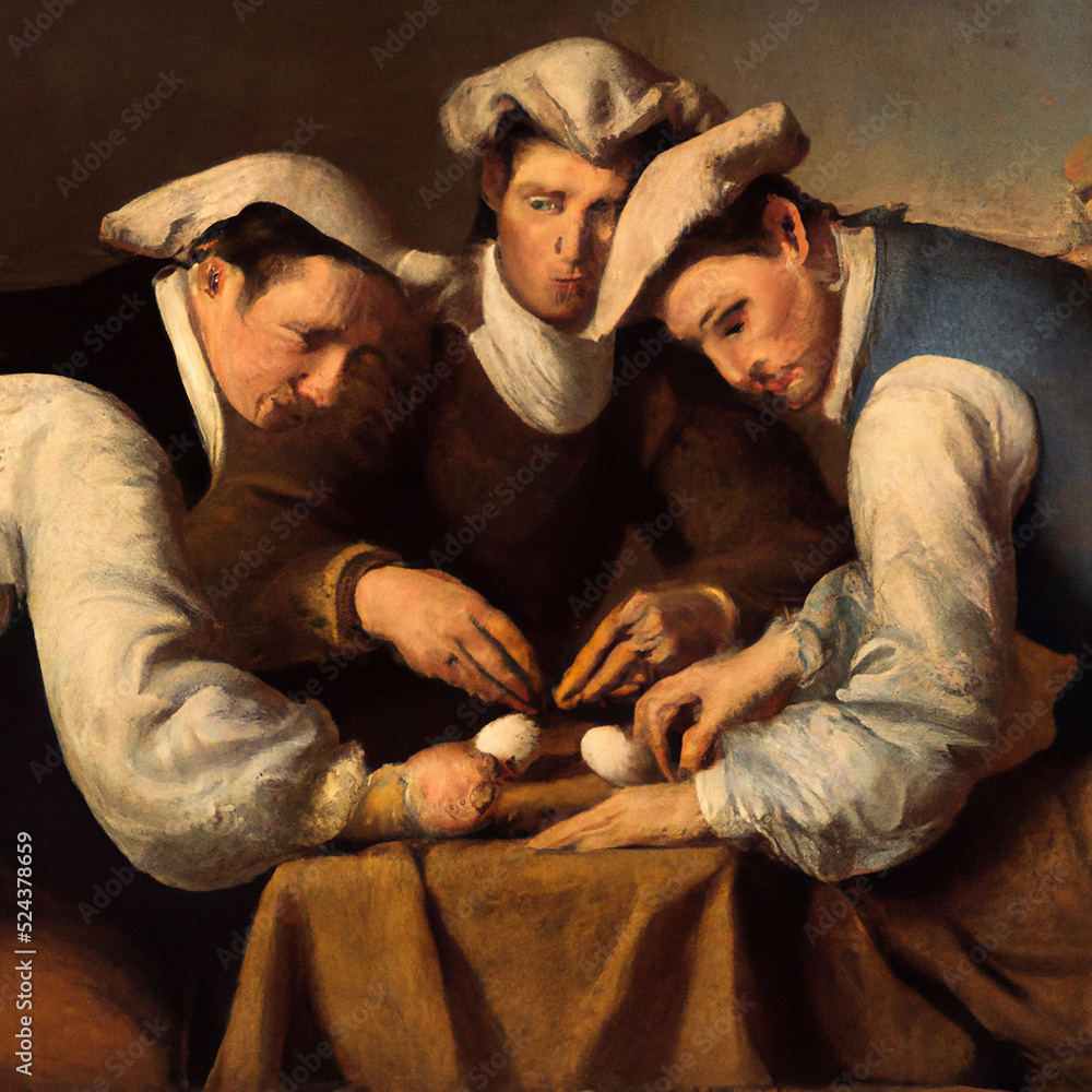 Strange Renaissance-style painting of people with eggs and objects at a ...