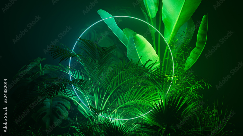 Cyberpunk Background Design. Tropical Leaves with Green and Blue ...