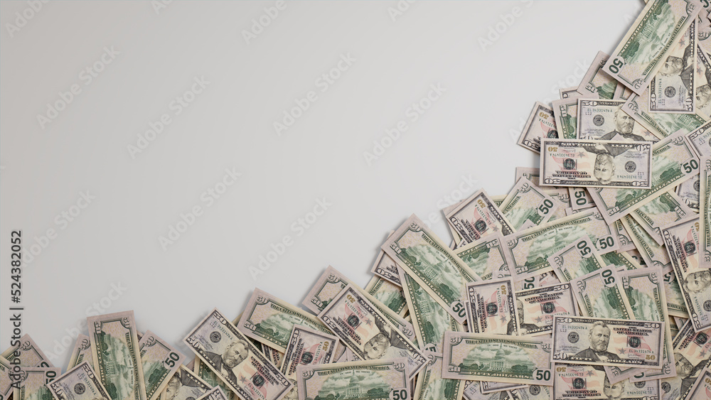 Fifty Dollar Bills Border on White Surface. Savings Wallpaper with copy ...
