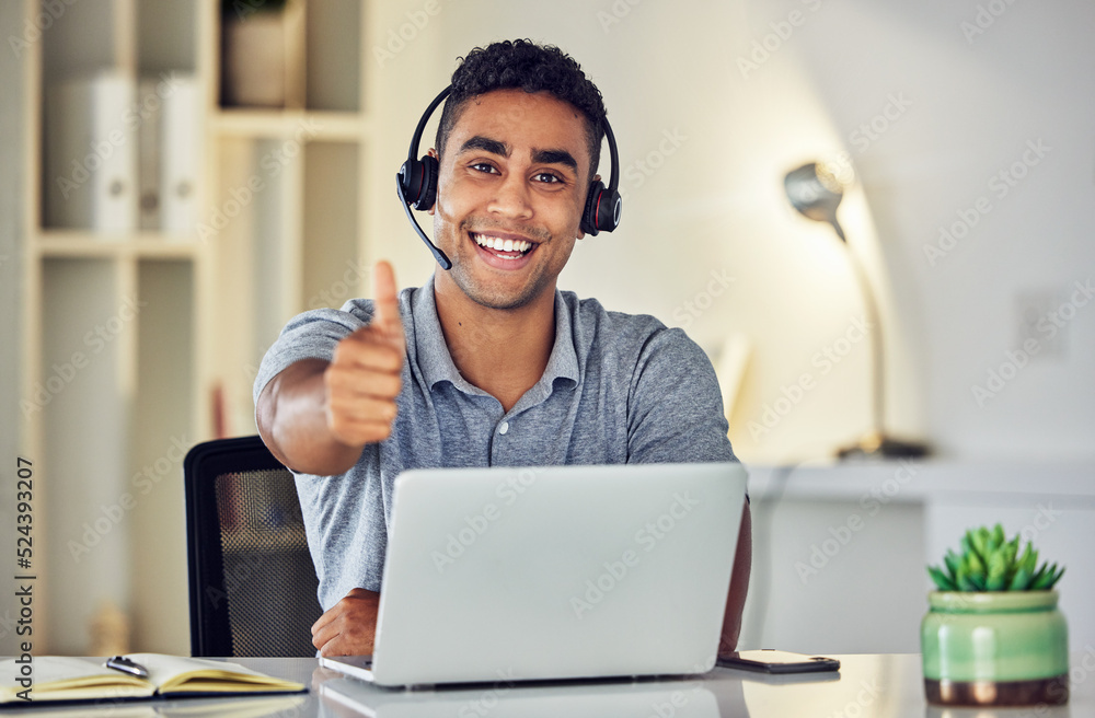 Thumbs up by call center, looking pleased and showing support with hand ...