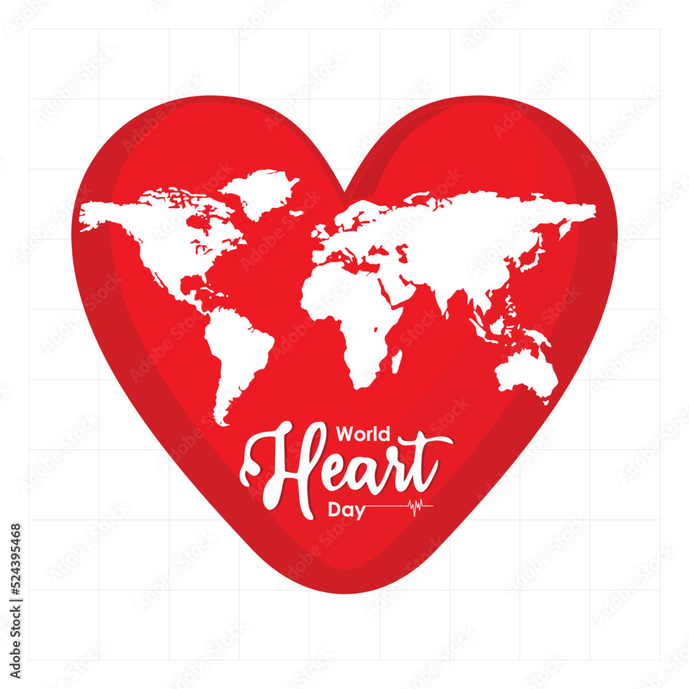 Vector illustration world heart day concept. Red heart with white globe ...