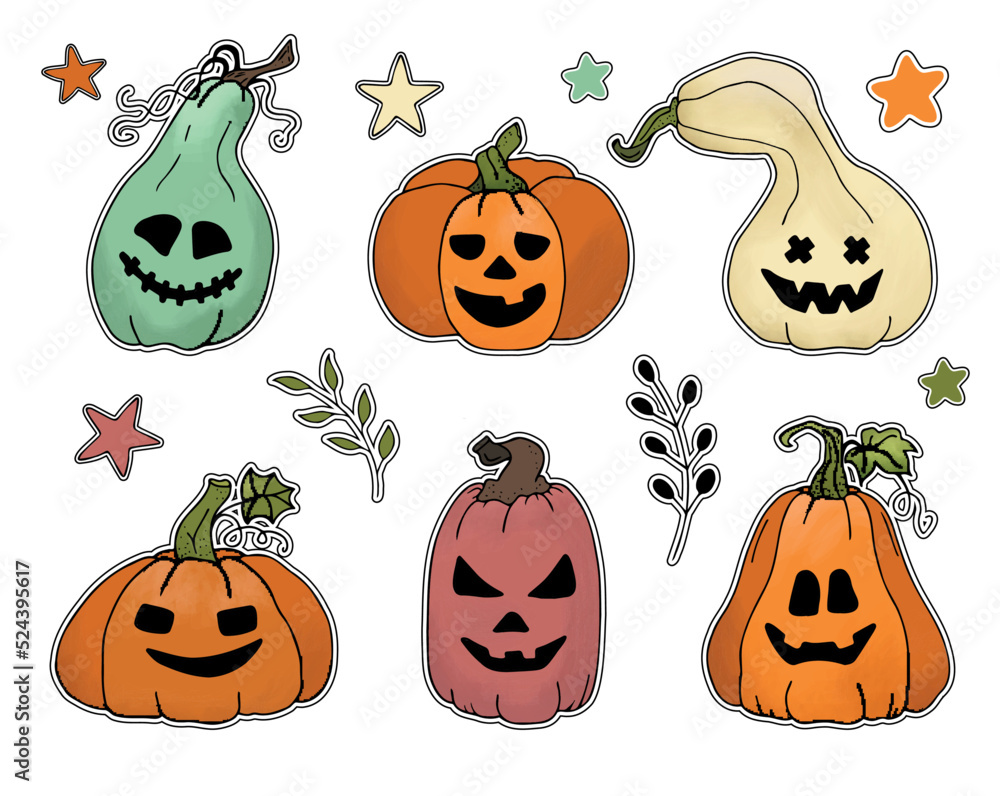 Halloween Pumpkin printable stickers. Set of vector stickers. Pumpkins ...