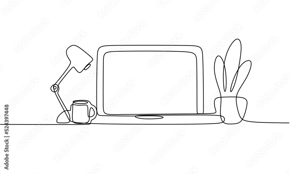 One continuous line drawing of computer laptop, lamp and plant. Study ...