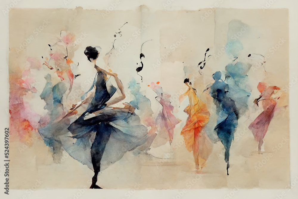 Dancers dancing in the flow of music and color harmony, abstract ...