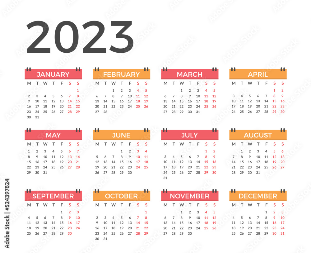 2023 Calendar, week starts on Monday Stock Vector | Adobe Stock