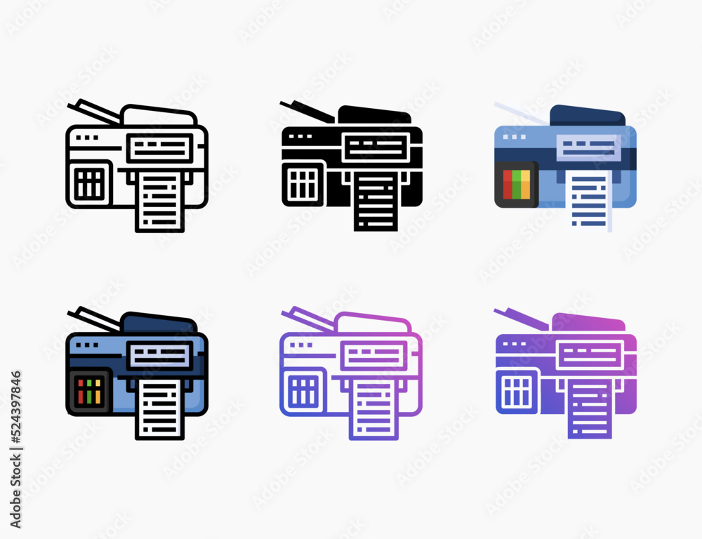 Printer icon set with different styles. Style line, outline, flat ...