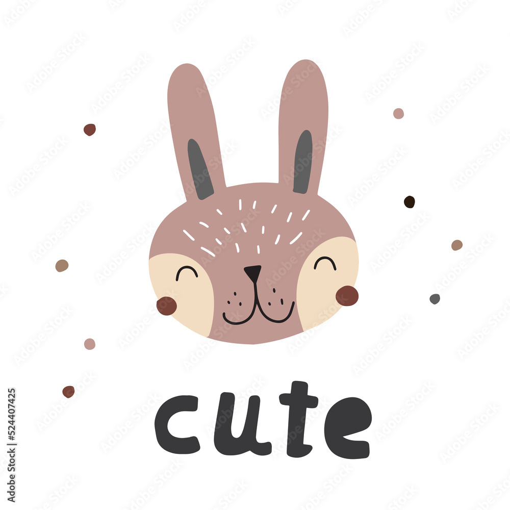 Cute hare face, animal head. Nursery character card for childish design ...