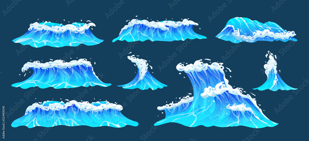 Cartoon ocean waves collection. Set of blue sea waves with white foam ...