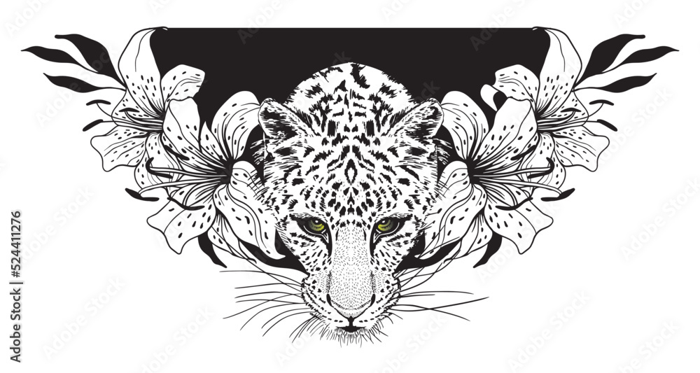 Panther heads in lily flowers. Pencil drawing in a minimalist style ...