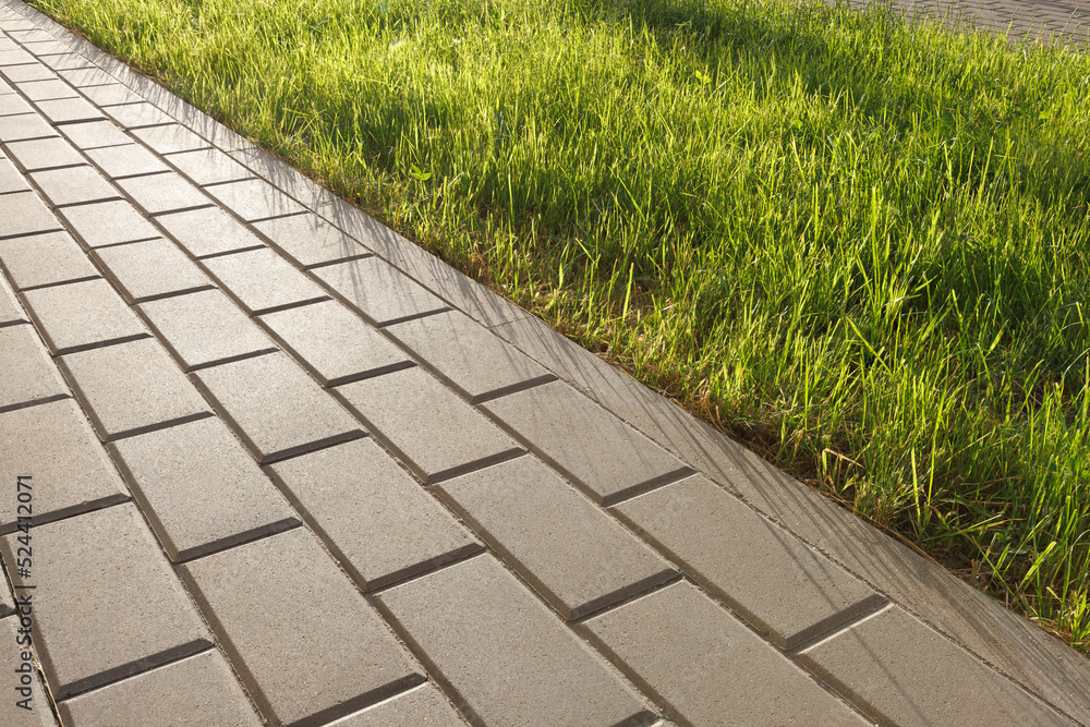 A modern pavement of rectangular concrete pavers and a lawn separated ...