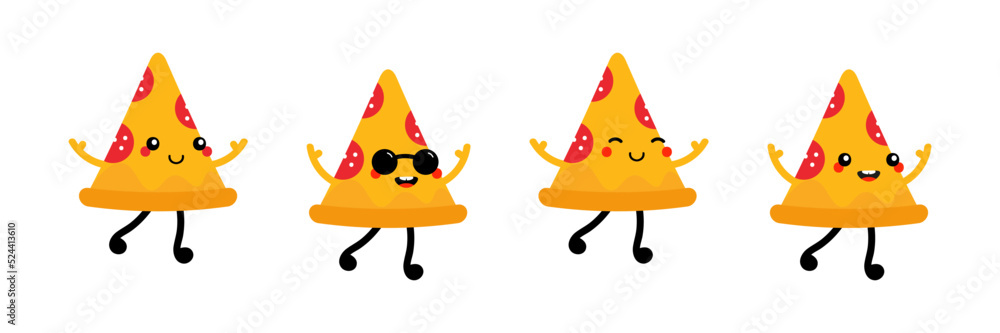 Set, collection of cute cartoon style pizza slice characters for fast ...