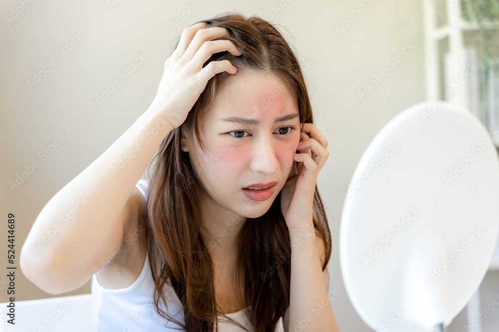 Woman asian worried about faces Dermatology, rosacea dermatitis ...