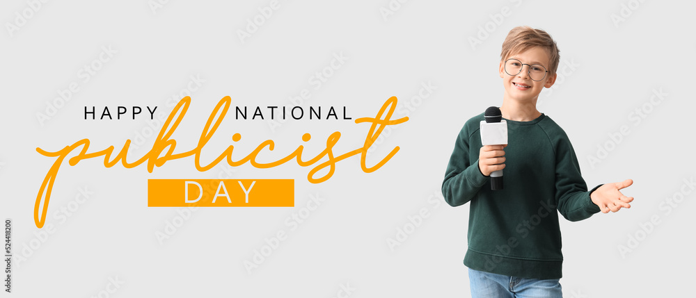 Little journalist with microphone on white background. National ...