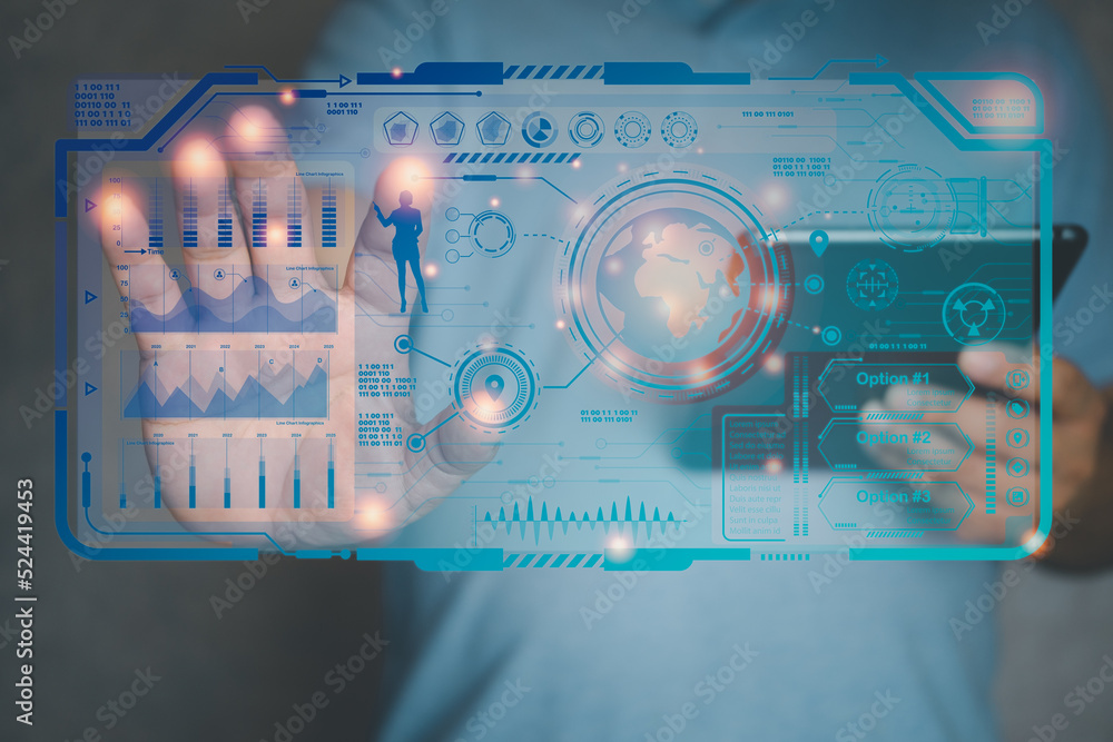 Man use hand touch HUD interface screen, augmented reality experience,with virtual world ...