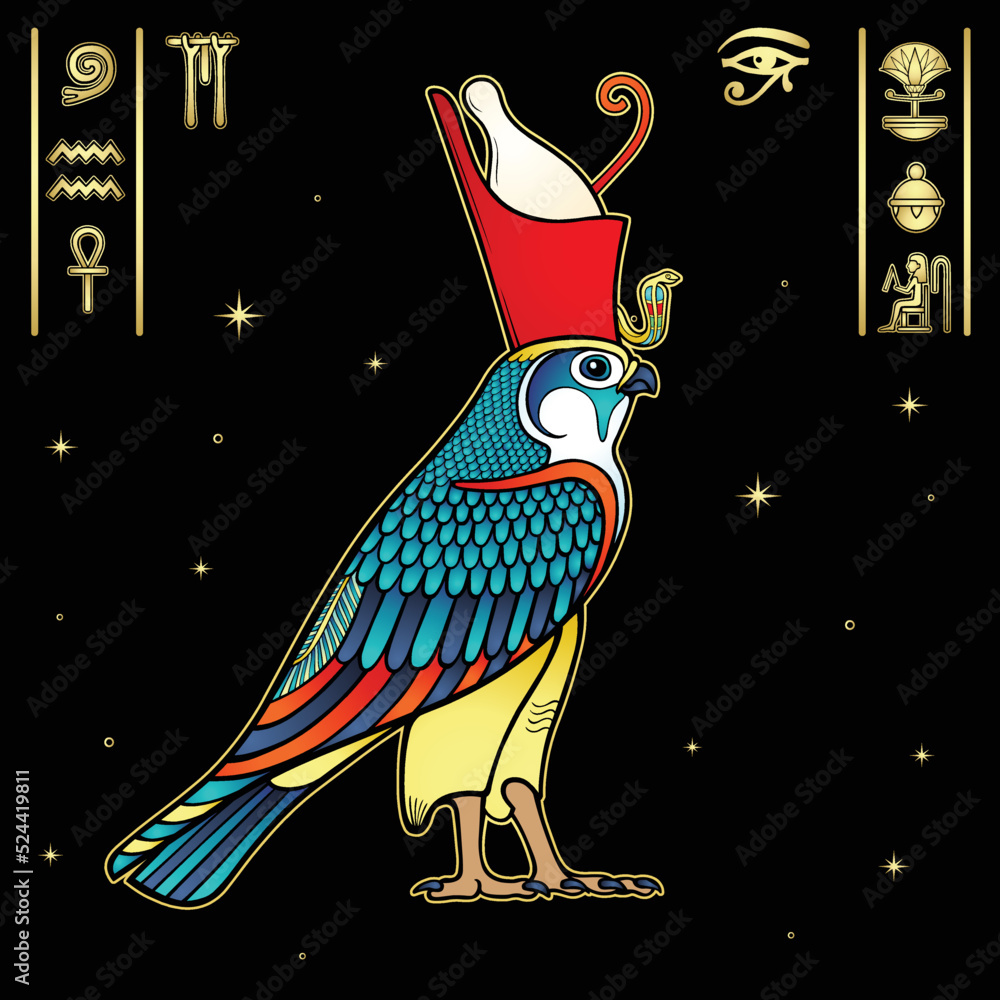 Animation drawing: sacred Egyptian Falcon bird in crown. God Horus ...