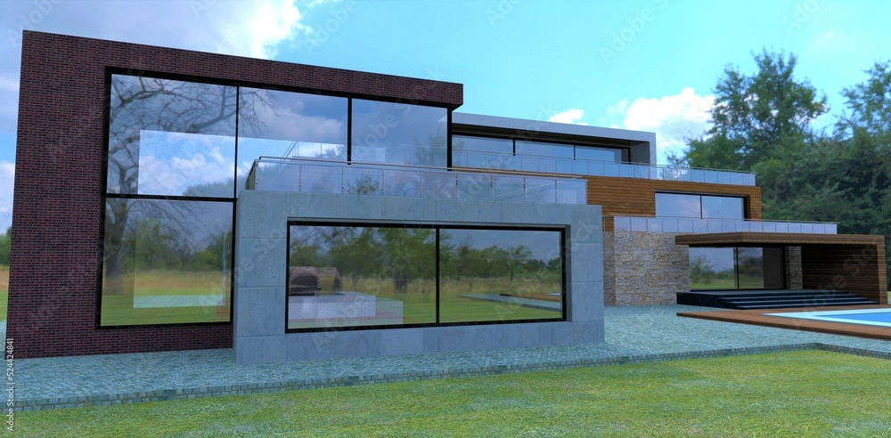 Futuristic concept of a country house. Lots of glass, light and space ...