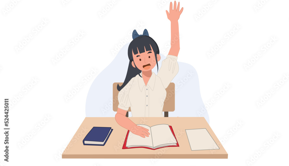girl in student Uniform is raise her hand up to asking the question or ...