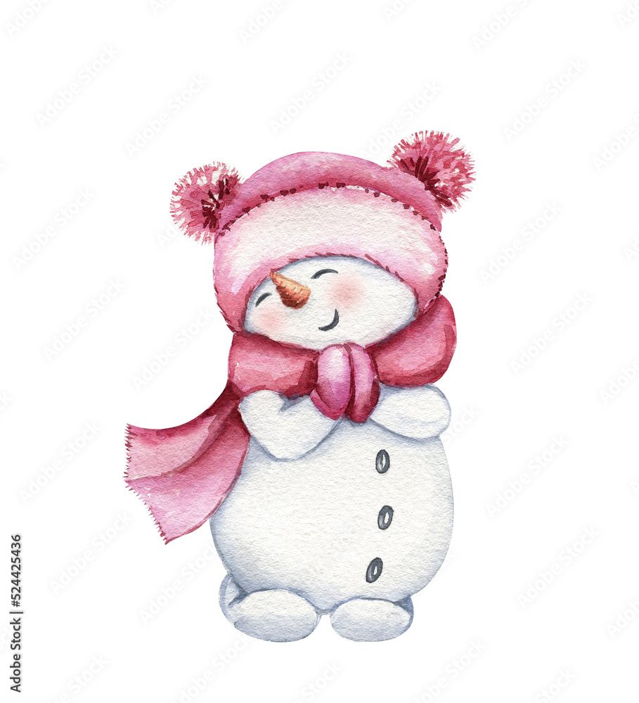 Cute funny snowman in a pink hat and scarf, snow woman. Watercolor snow ...