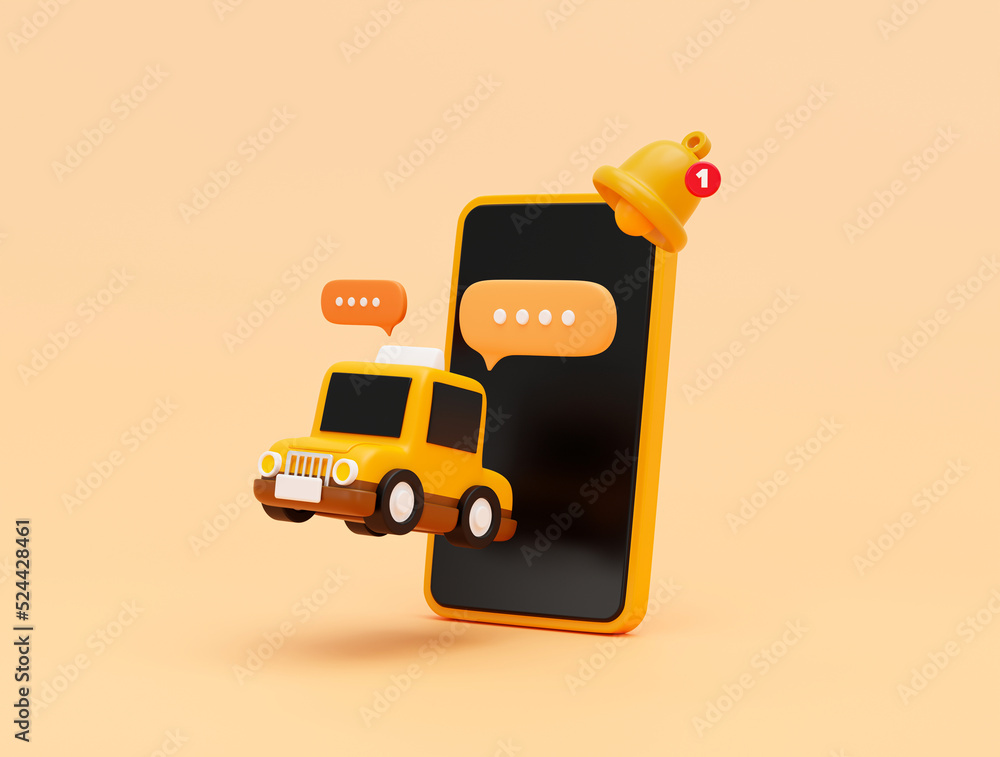 Taxi car on smartphone with reminder popup bell notification alert and ...