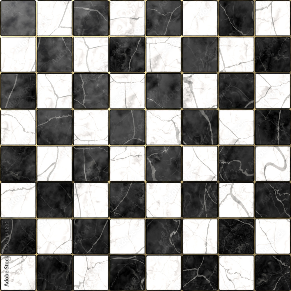 3D Realistic vintage black white check marble tile with golden frame ...