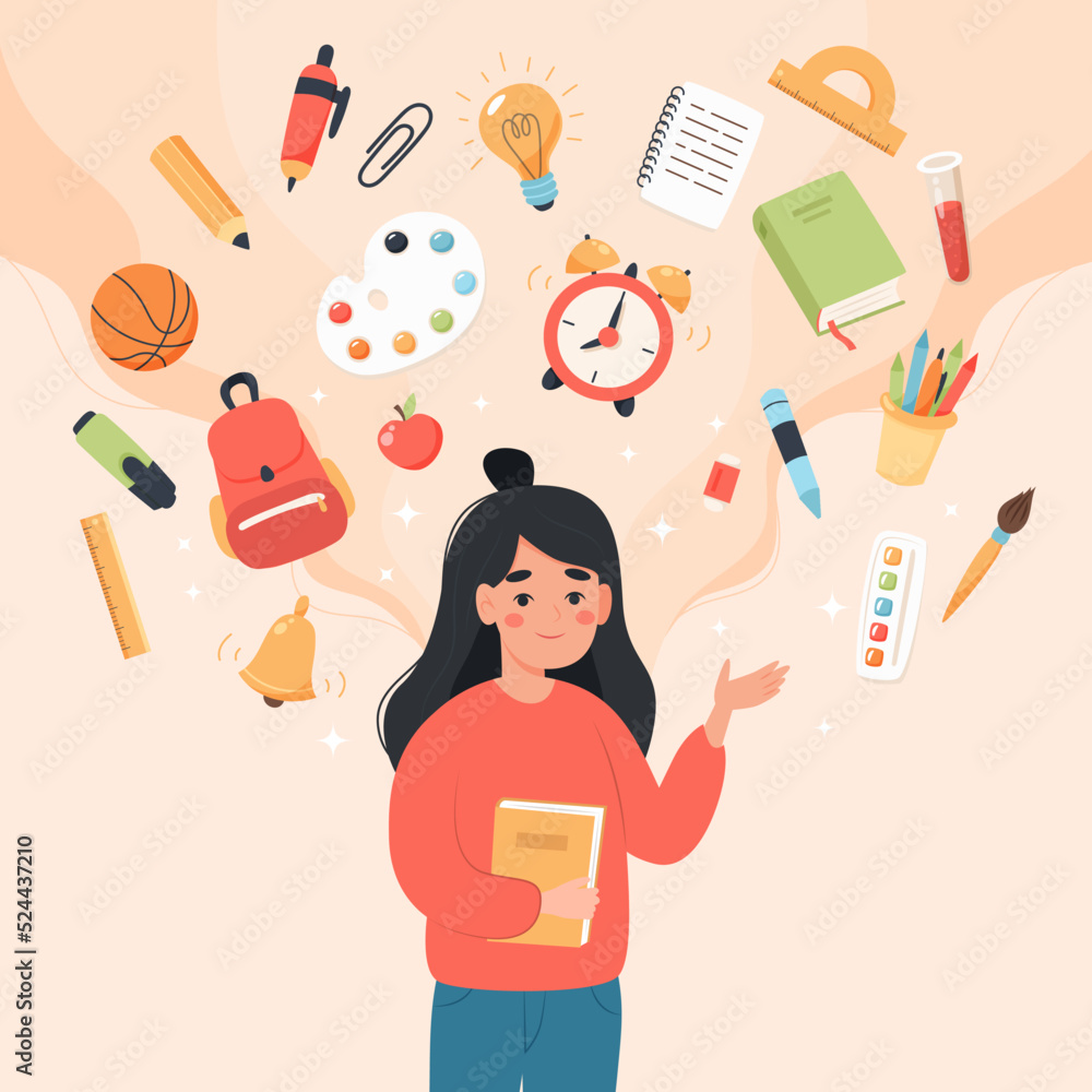 Female teacher with school elements. School and learning concept ...