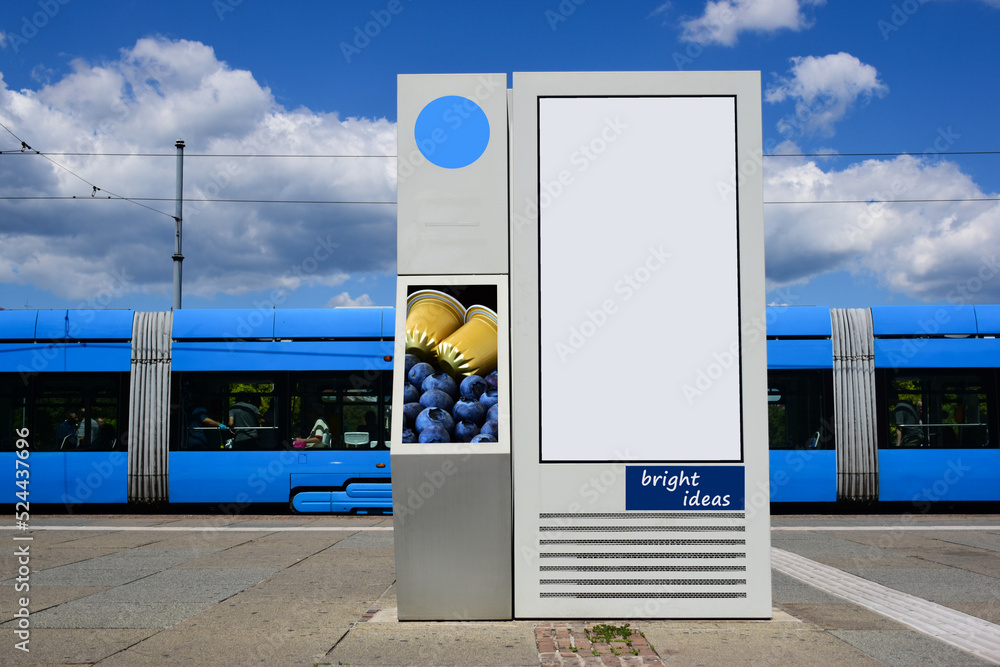 Tram stop in urban setting. ad panel. empty blank poster and ...