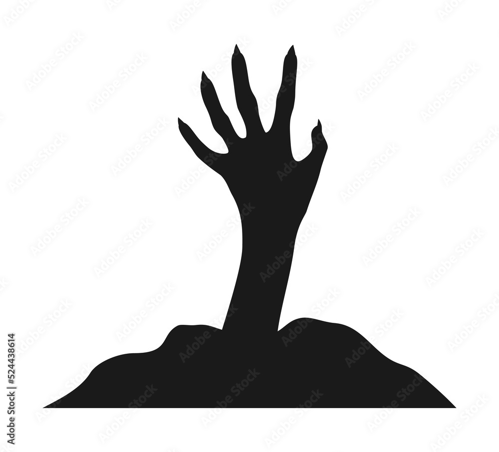Black silhouette of a Halloween hand on a white background. A thin bony ...