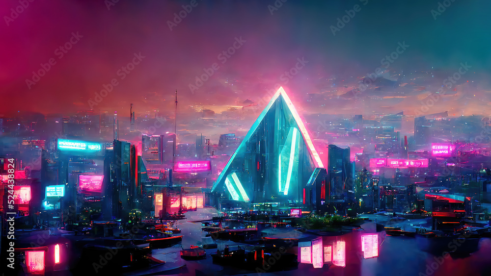 Glowing neon light city as metaverse and synthwave concept Stock ...