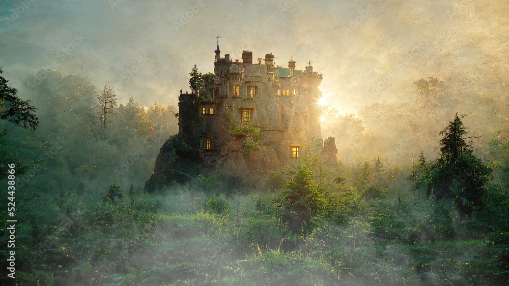 Old castle in wild forest with sunset and fog with lights Stock ...
