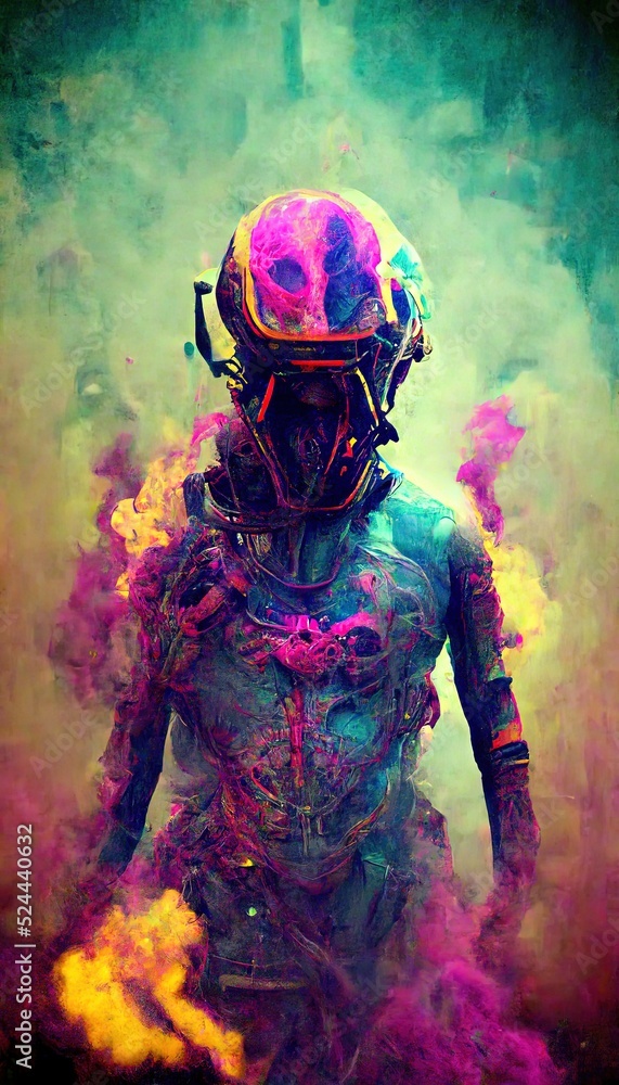 Portrait of a neon spaceman from the future. An astronaut posing in an ...