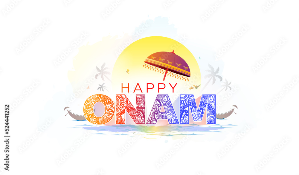 Happy Onam festival Greeting card design. Onam text with boat and river ...
