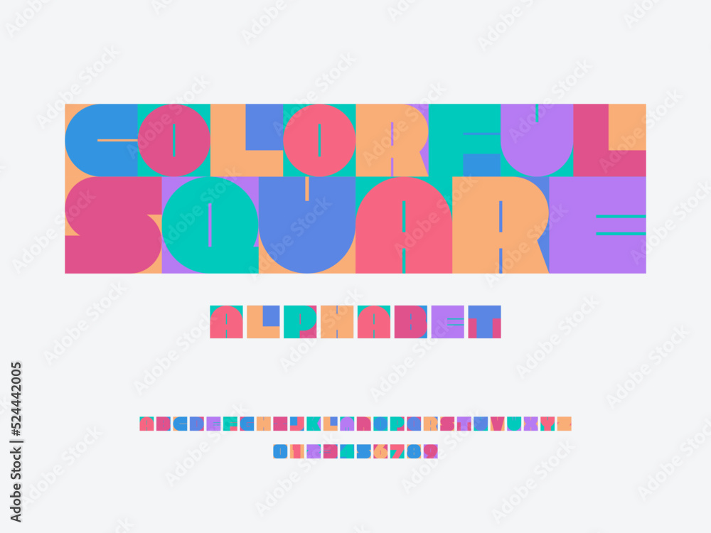 Colorful trendy style alphabet design with uppercase, numbers and ...