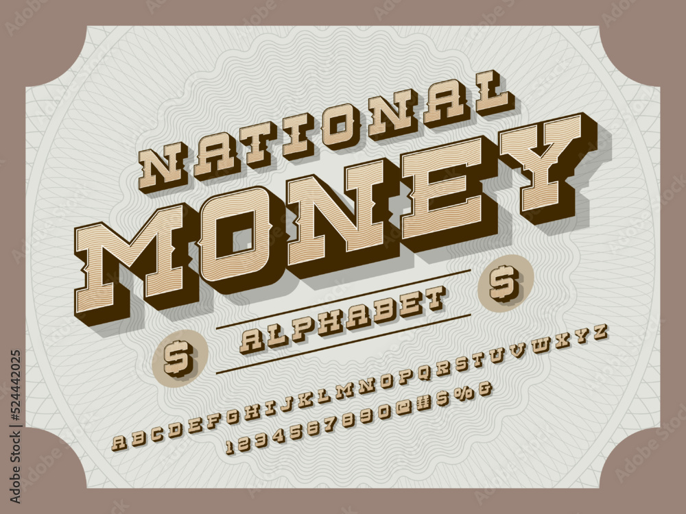vintage style money alphabet design with decorative elements, uppercase ...