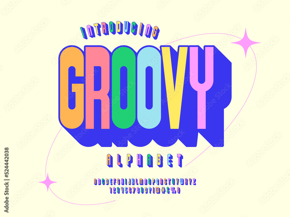 A groovy hippie style alphabet design with uppercase, numbers and ...