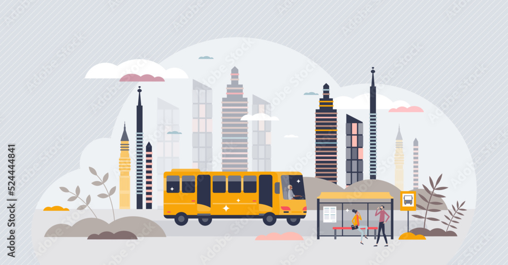 Public transportation with vehicles and city stations tiny person ...